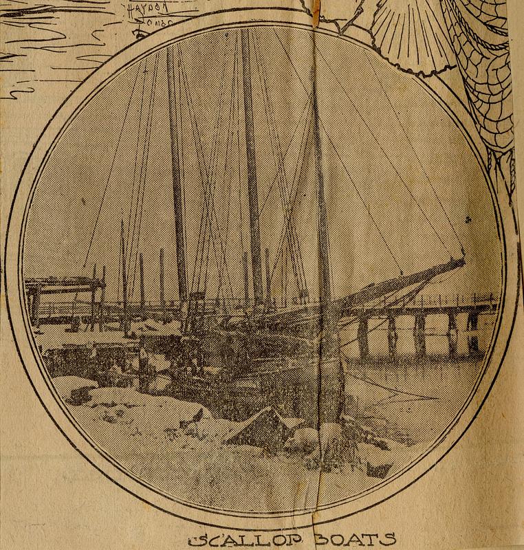 Scallop Boats moored against snowy bank - Digital Commonwealth