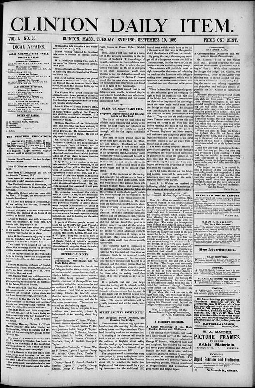 Clinton Daily Item. September 19, 1893 - Digital Commonwealth