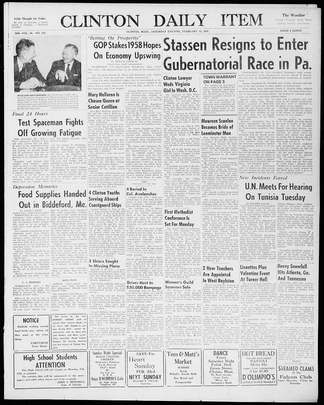 Clinton Daily Item. February 15, 1958 - Digital Commonwealth