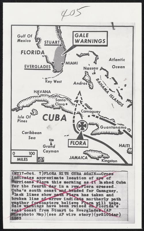 Flora Hits Cuba Again--Cross indicates approximate location of eye of ...