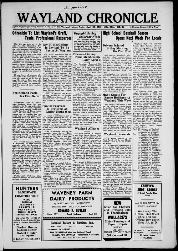 The Wayland Chronicle. April 22, 1938 - Digital Commonwealth