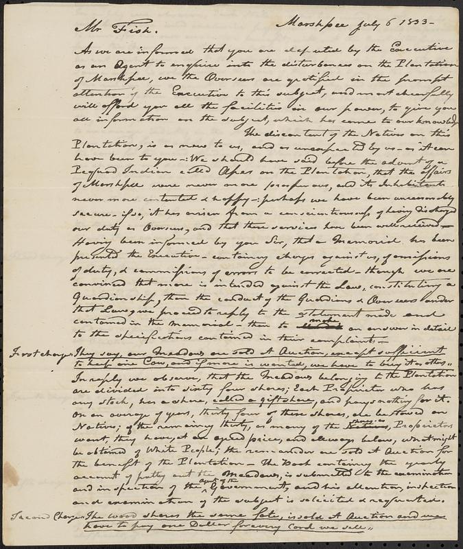 Mashpee Revolt, 1833-1834 - Letter from Kilborn Whittman to Phineas ...