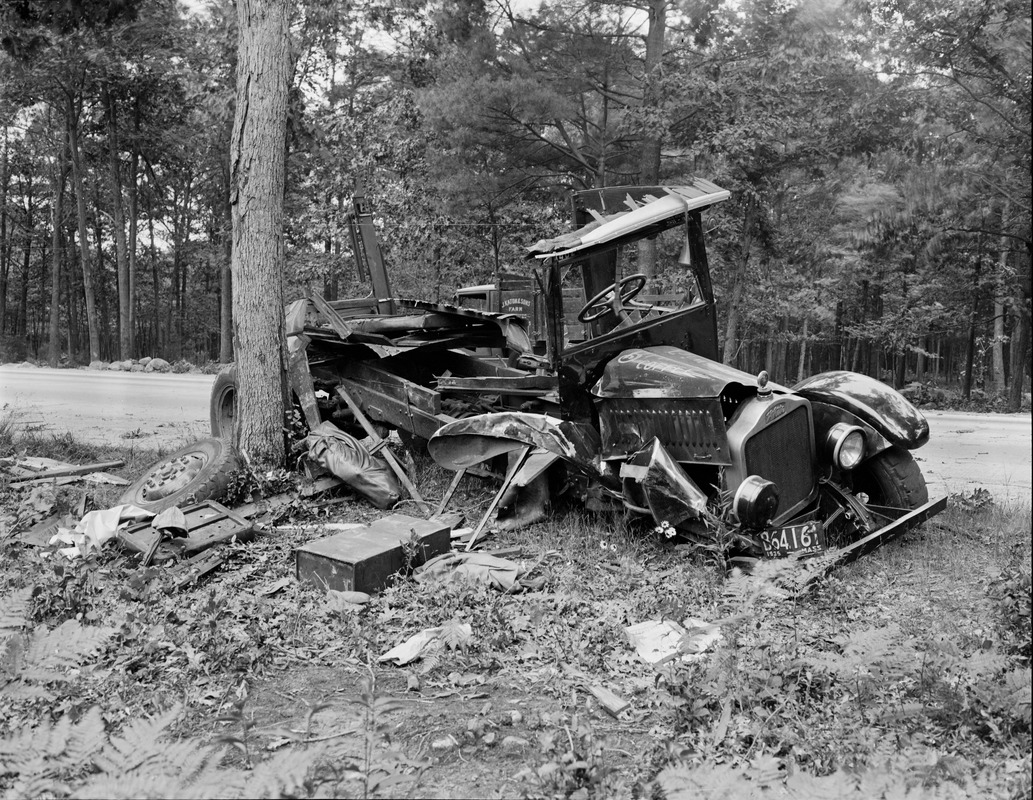 Truck hits tree on rural road - Digital Commonwealth