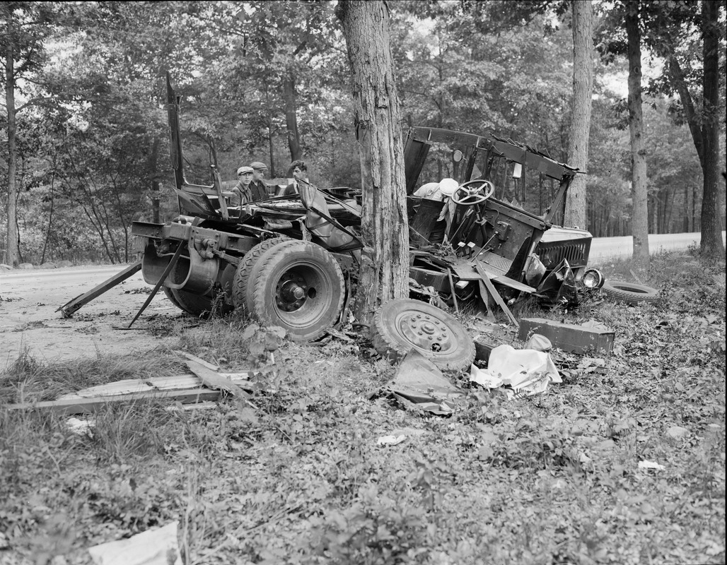 Truck hits tree on rural road - Digital Commonwealth