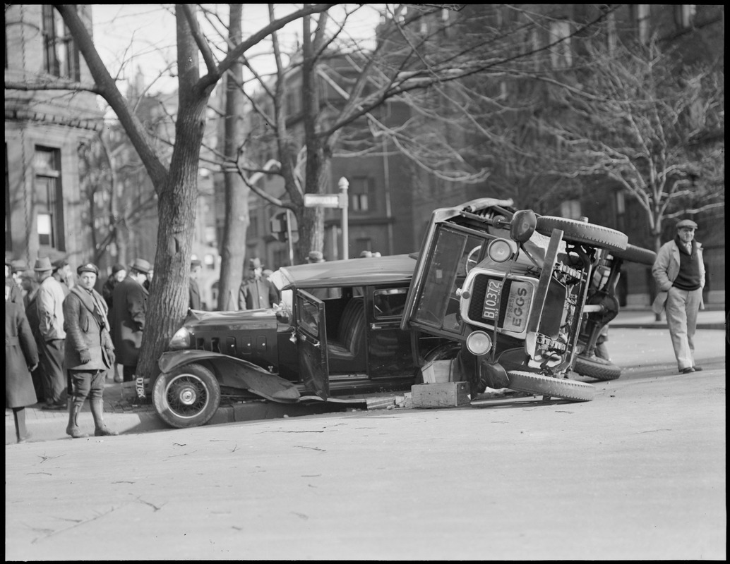 Car and truck collide, Back Bay - Digital Commonwealth