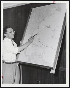Tracing Path of Hurricane Connie at left is Oscar Tenebaum, chief ...