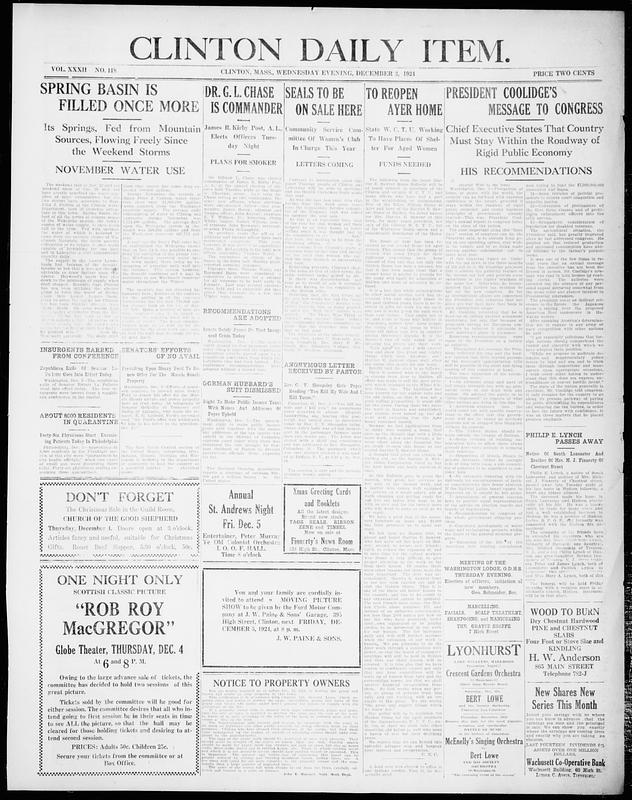 Clinton Daily Item. December 03, 1924 - Digital Commonwealth