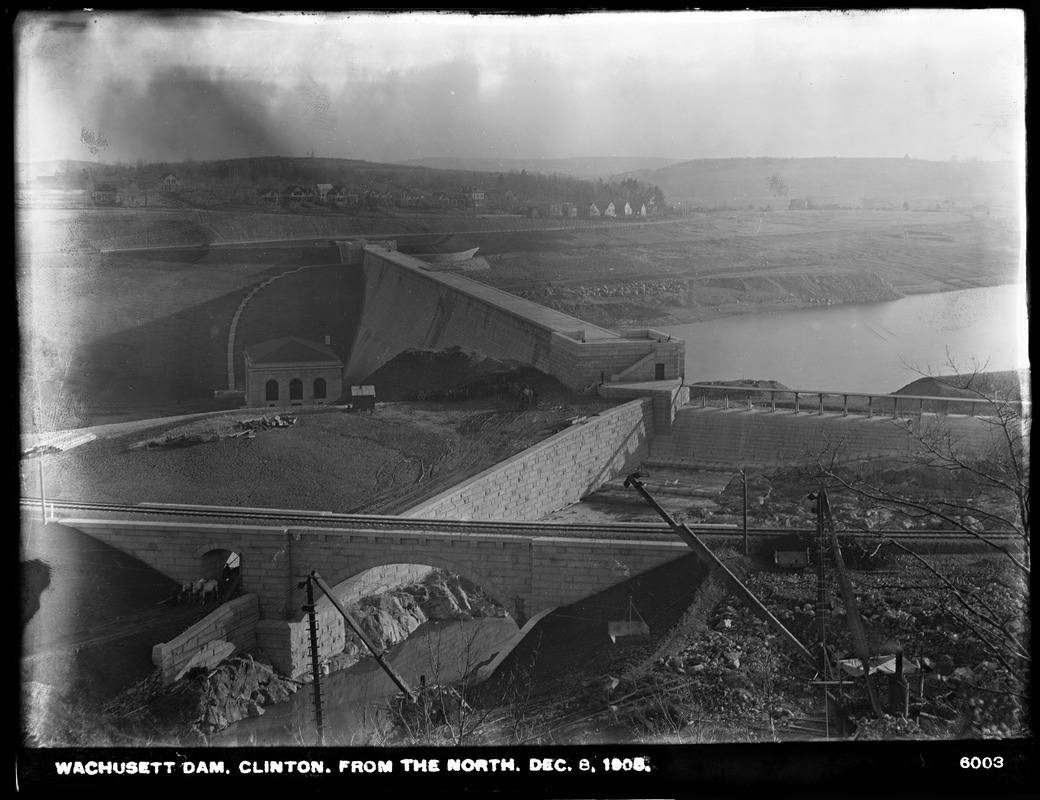 Wachusett Dam, view of dam and appurtenances, from the north, Railroad ...