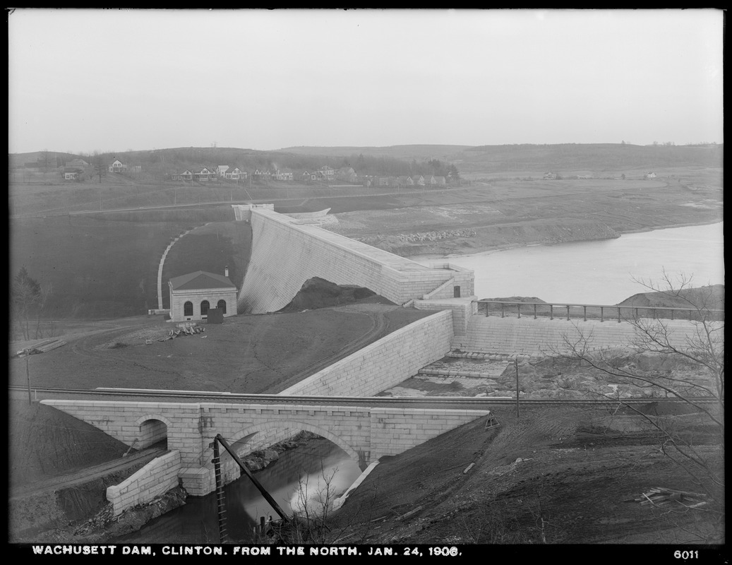 Wachusett Dam, dam and appurtenances, from the north, Railroad Bridge ...