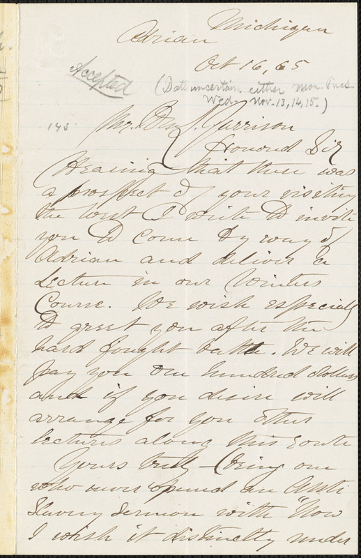 Letter from Edward Payson Powell, Adrian, [Michigan], to William Lloyd ...