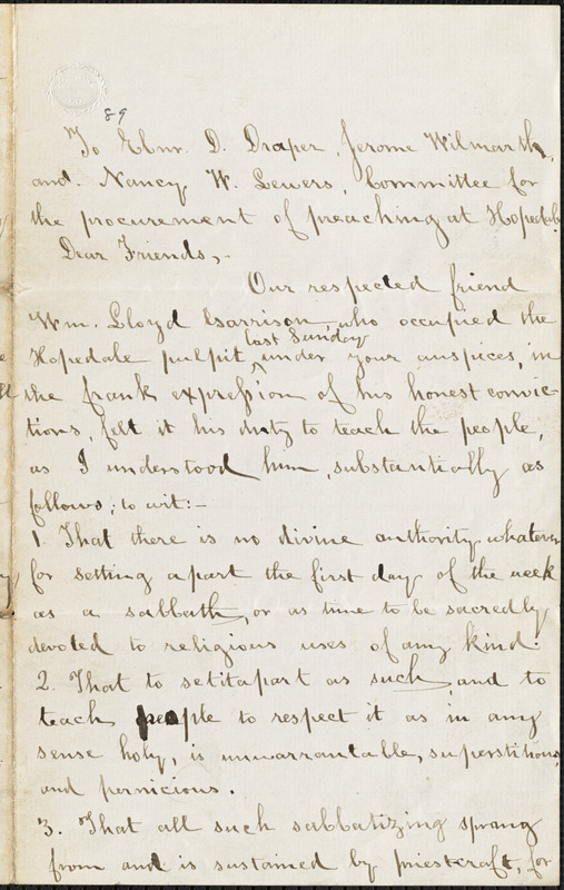 Letter from Adin Ballou, Hopedale [Massachusetts], to Ebenezer Dagget ...