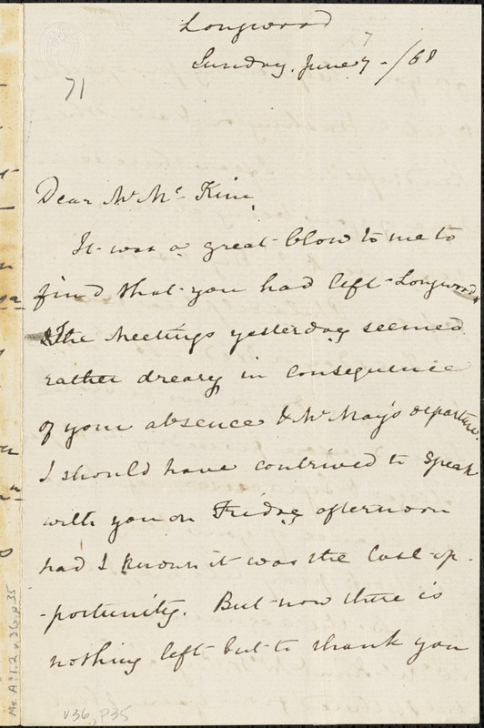 Letter from Mary Anne Estlin, Longwood, [Pennsylvania], to James Miller ...