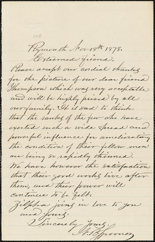 Letter from Nathaniel B. Spooner, Plymouth, [Massachusetts], to William ...