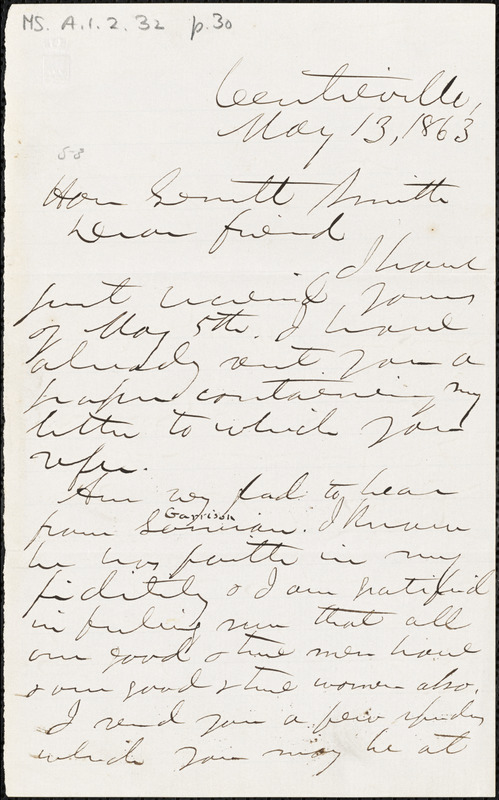 Letter from George Washington Julian and Gerrit Smith, Centreville ...