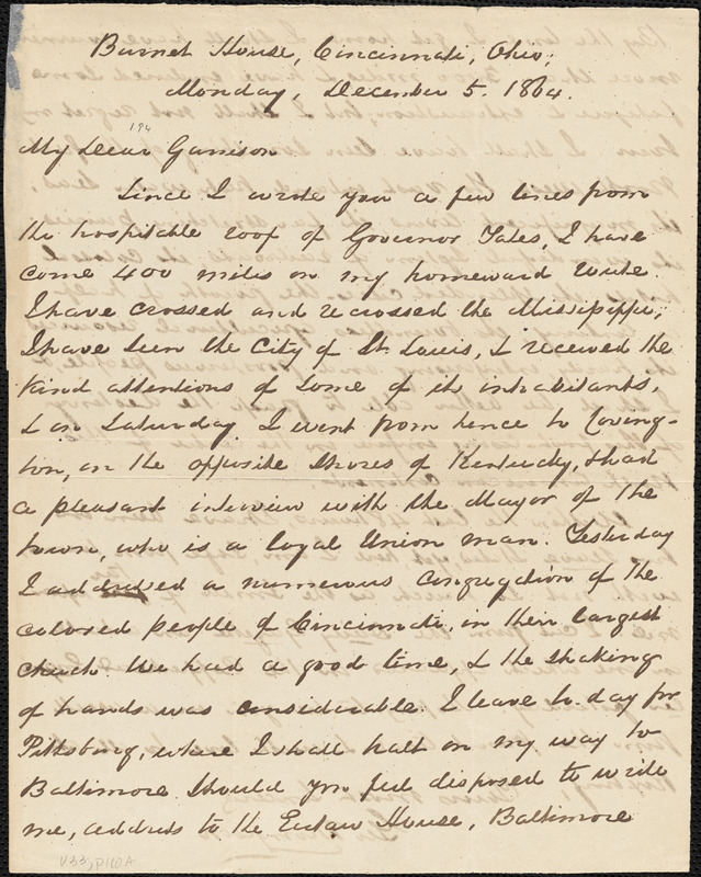 Letter from George Thompson, Burnet House, Cincinnati, Ohio, to William ...