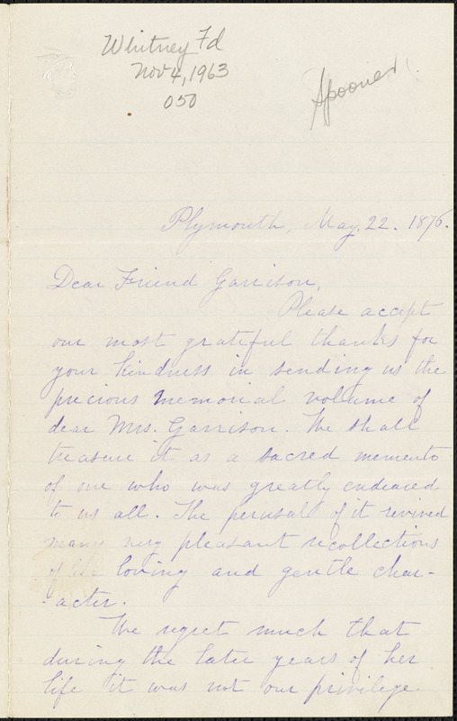 Letter from Nathaniel B. Spooner and Zilpha Harlow, Plymouth ...