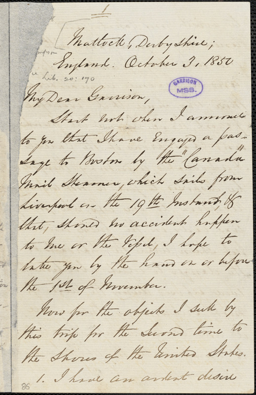 Letter from George Thompson, Matlock, Derbyshire, England, to William ...