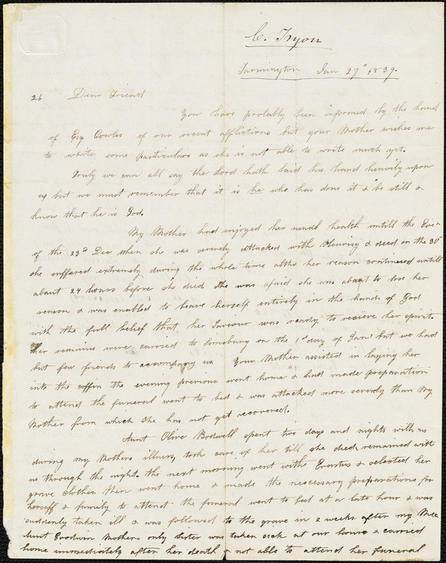 Letter from Mary Emily Jones, Farmington, [Connecticut], to Amos Augustus Phelps, 1839 Jan[uary ...