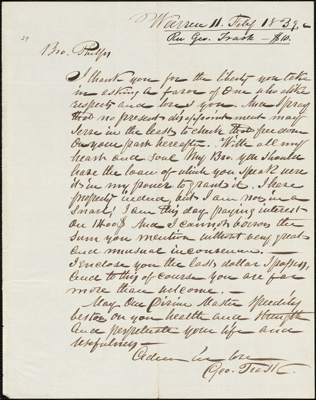 Letter from George Trask, Warren, [Massachusetts], to Amos Augustus Phelps, 1839 Feb[ruar]y 11 ...