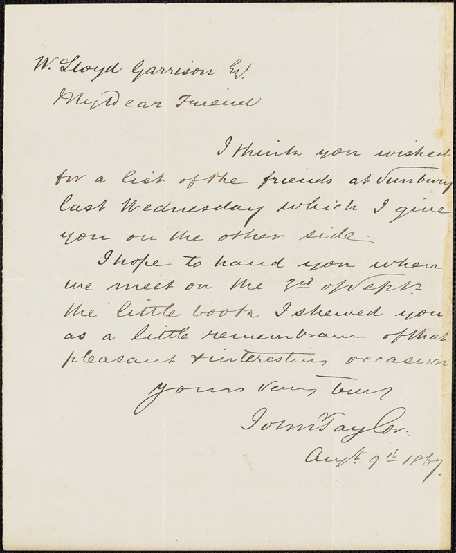 Letter from John Taylor, Sunbury, Peckham Rye, [London, England], to ...