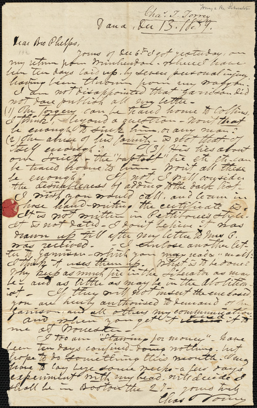 Letter from Charles Turner, Dana, [Massachusetts], to Amos Augustus Phelps, 1839 Dec[ember] 13 ...