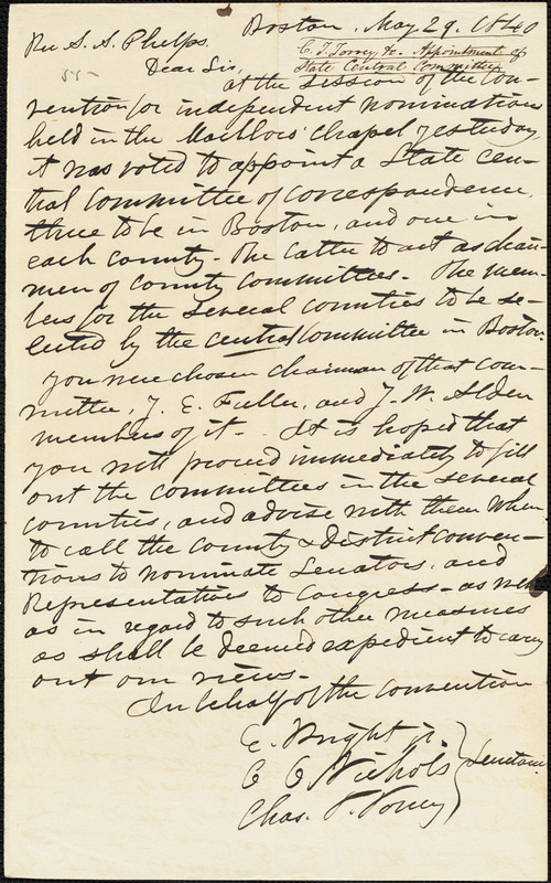 Letter from Charles Turner Torrey, Elizur Wright, and Curtis C. Nichols, Boston, [Massachusetts ...