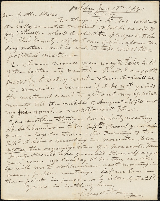 Letter from Charles Turner Torrey, Oakham, [Massachusetts], to Amos ...
