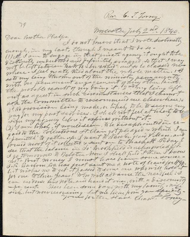 Letter from Charles Turner Torrey, Worcester, [Massachusetts], to Amos Augustus Phelps, July 2 ...