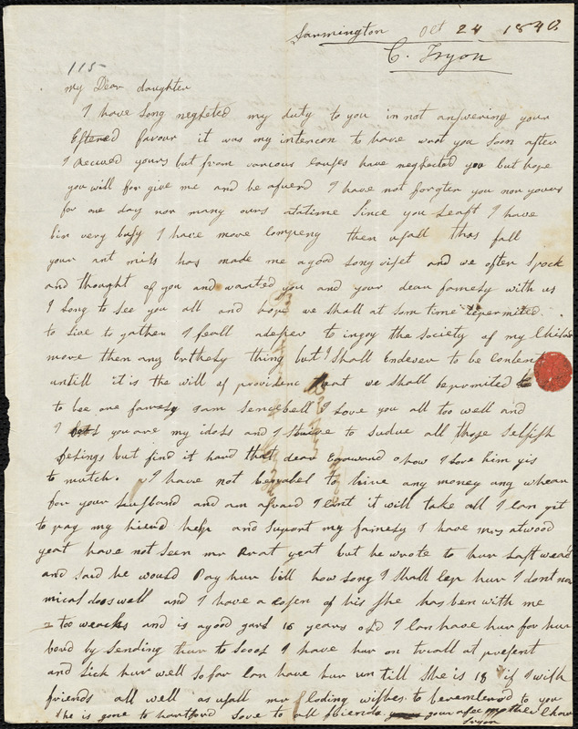 Letter from Clarissa Bodwell Phelps, Farmington, [Connecticut], to Amos Augustus Phelps, 1840 ...