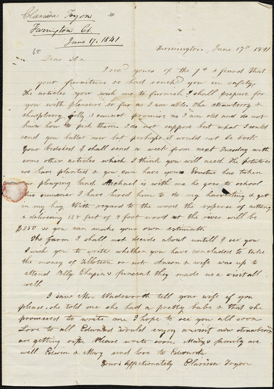 Letter from Clarissa Bodwell Phelps, Farmington, [Connecticut], to Amos Augustus Phelps, 1841 ...