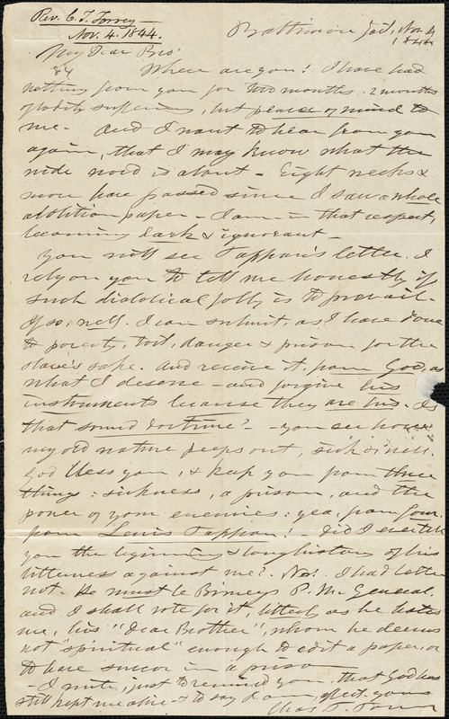 Letter from Charles Turner Torrey, Baltimore, [Maryland], to Amos Augustus Phelps, 1844 Nov ...