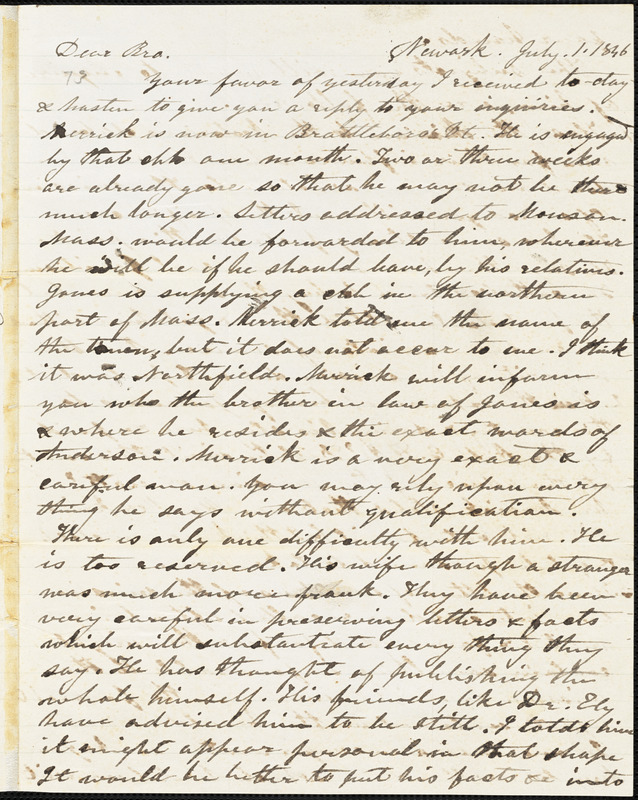 Letter from Almon Underwood, Newark, [New Jersey], to Amos Augustus Phelps, 1846 July 1st ...