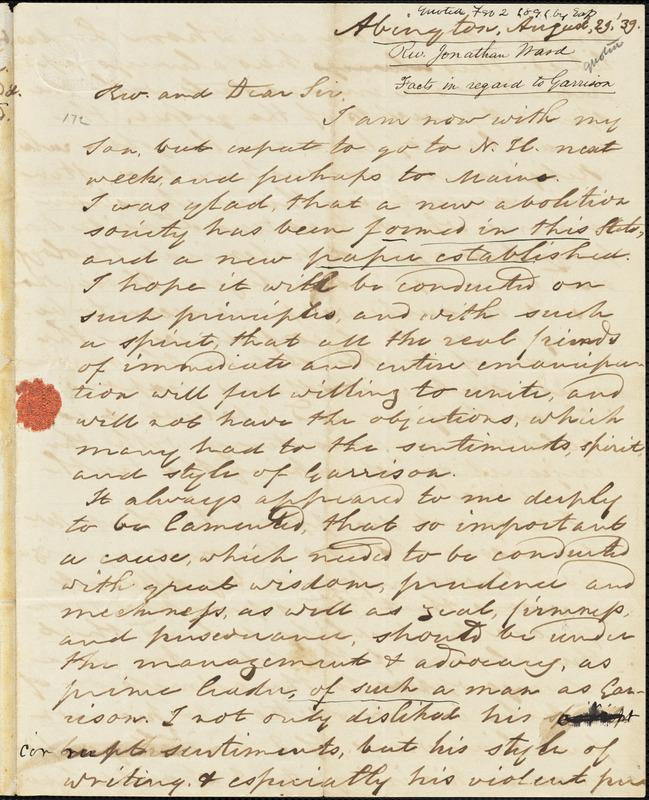 Letter from Jonathan Ward, Abington, [Massachusetts], to Amos Augustus Phelps, 1839 August 29th ...