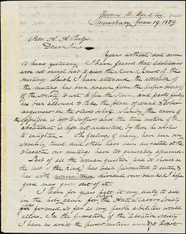 Letter from Thomas Walter, Shrewsbury, [Massachusetts], to Amos Augustus Phelps, 1839 June 19 ...