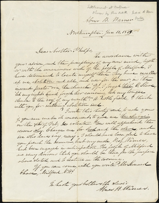 Letter from Abner Barnard, Northampton, [Massachusetts], to Amos Augustus Phelps, 1839 Jan[uary ...
