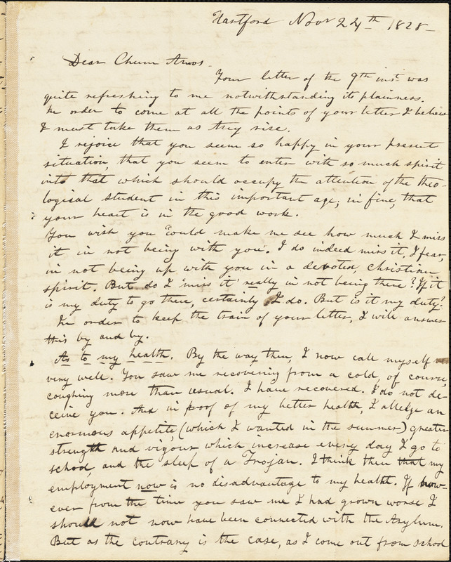 Letter from Elizur Timothy Washburn, Hartford, [Connecticut], to Amos Augustus Phelps, 1828 ...