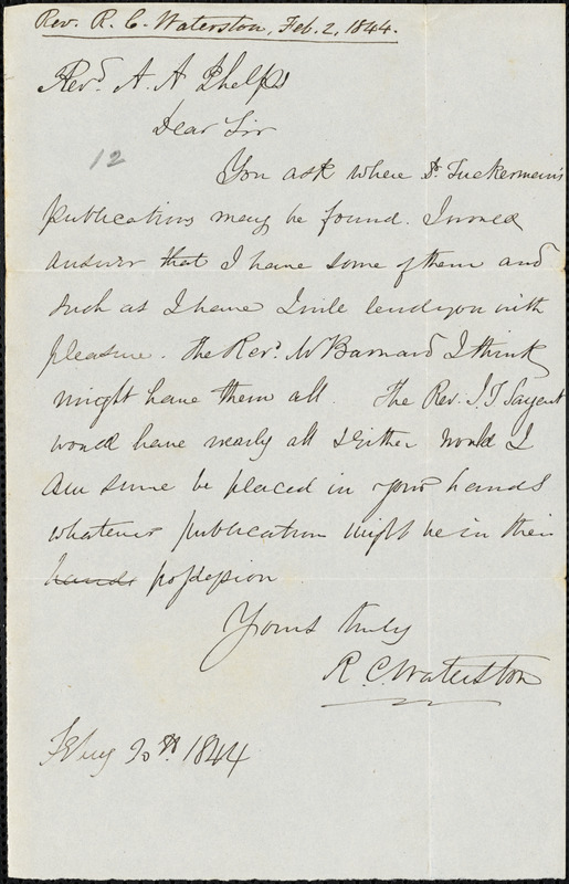 Letter from Robert Cassie Waterston to Amos Augustus Phelps, 1844 Feb[ruary] 20 - Digital ...
