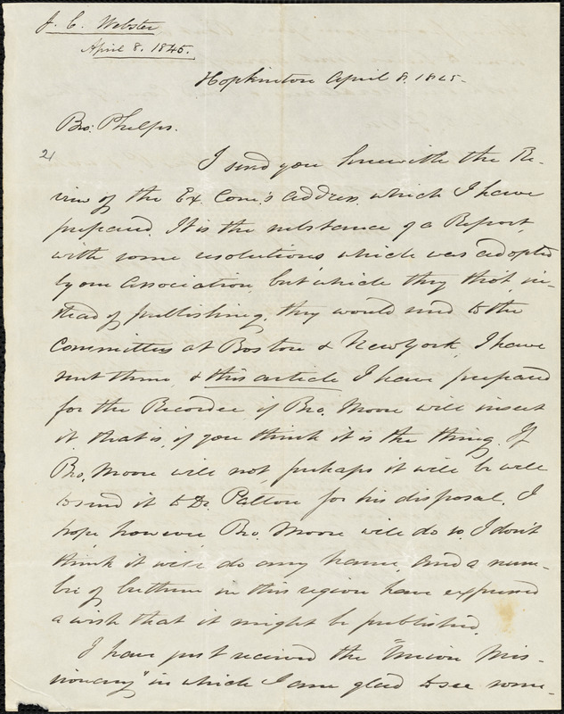 Letter from John Calvin Webster, Hopkington, [Massachusetts], to Amos Augustus Phelps, 1845 ...