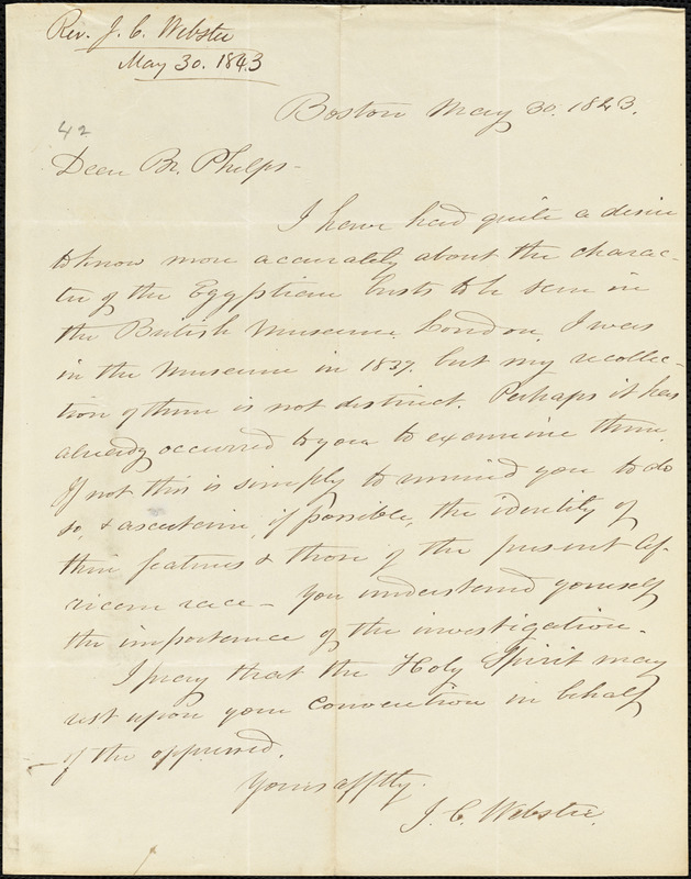 Letter from John Calvin Webster, Boston, [Massachusetts], to Amos Augustus Phelps, 1843 May 30 ...