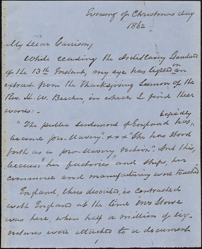 Letter from George Thompson to William Lloyd Garrison, 1862 [December ...