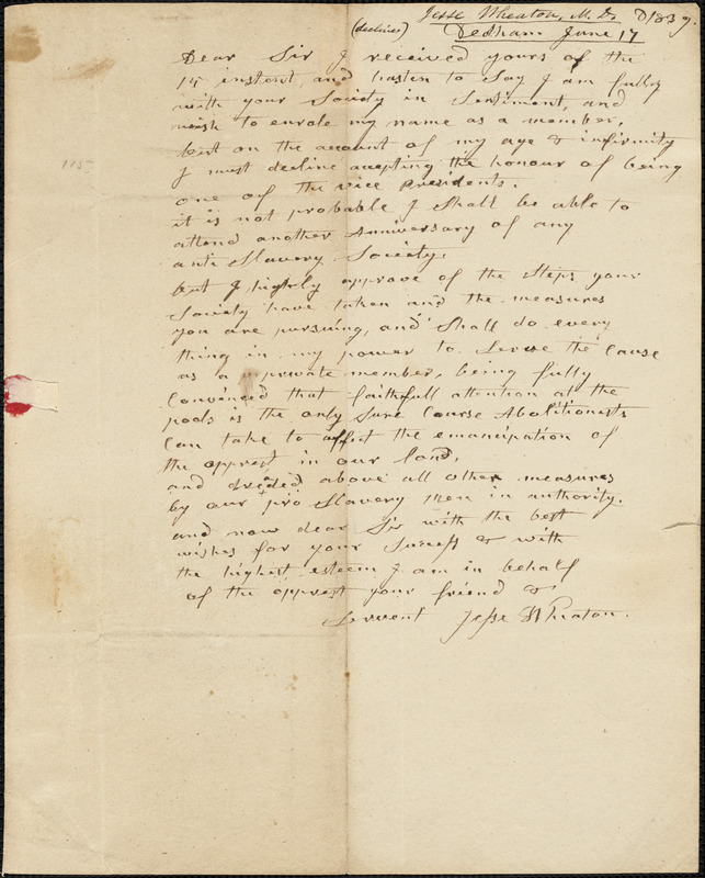 Letter from Jesse Wheaton, Dedham, [Massachusetts], to Amos Augustus ...