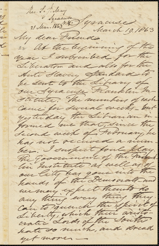 Letter to Robert Folger Wallcut, Syracuse, [New York], to Samuel Joseph ...