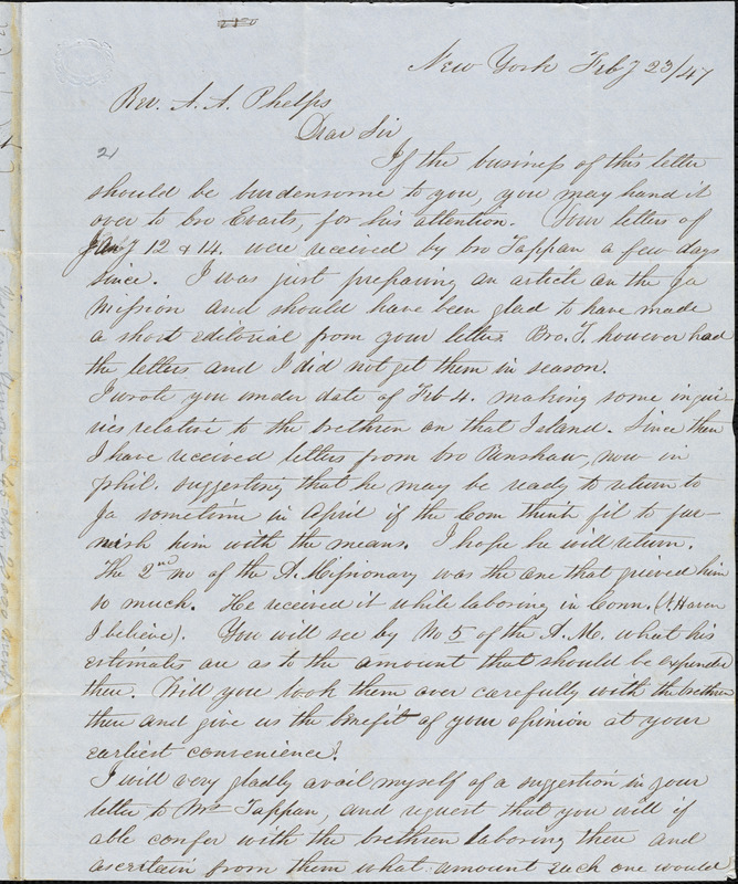 Letter from George Whipple, New York, to Amos Augustus Phelps, 1847 Feb[ruary] 23 - Digital ...