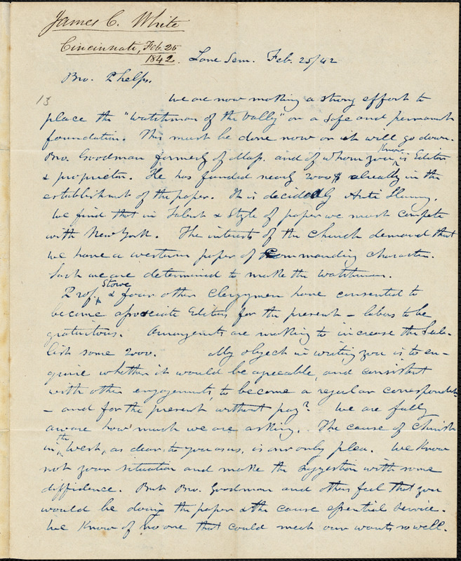 Letter from James C. White, [Cincinnati, Ohio], to Amos Augustus Phelps ...