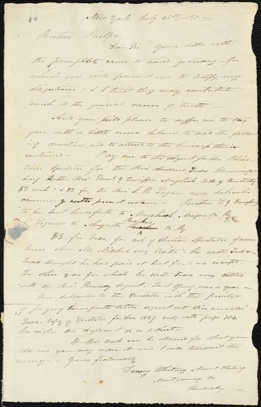 Letter from Dewey Whitney, New York, to Amos Augustus Phelps, 1830 July 28 - Digital Commonwealth
