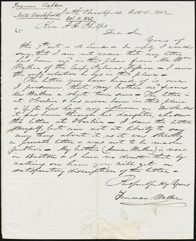 Letter from Freeman Walker to Amos Augustus Phelps, 1842 Oct[ober] 11 ...