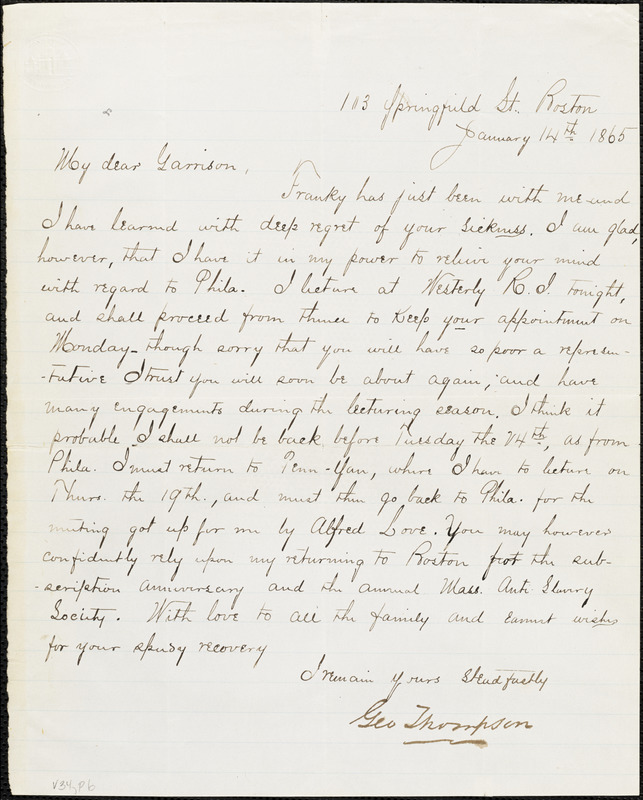 Letter from George Thompson, Boston, [Massachusetts], to William Lloyd ...