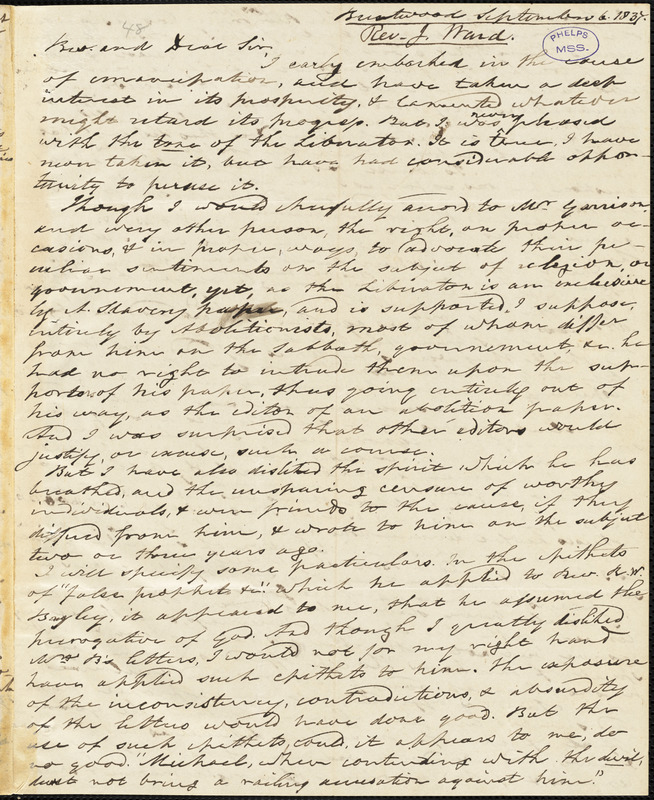 Letter from Jonathan Ward, Brentwood, [New Hampshire], to Amos Augustus Phelps, 1837 September 6 ...