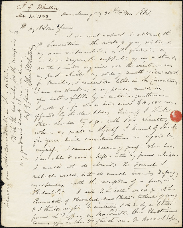 Letter from John Greenleaf Whittier, Amesbury, [Massachusetts], to Amos Augustus Phelps, 1843 ...