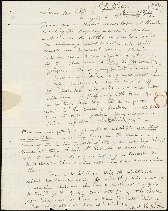 Letter from John Greenleaf Whittier to Amos Augustus Phelps, 1837 June - Digital Commonwealth